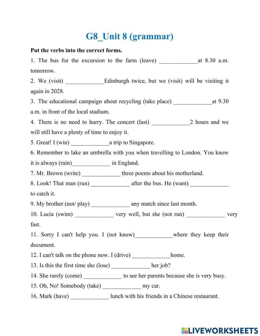 G8-Unit 8-verb … | Free Interactive Worksheets | 1795718