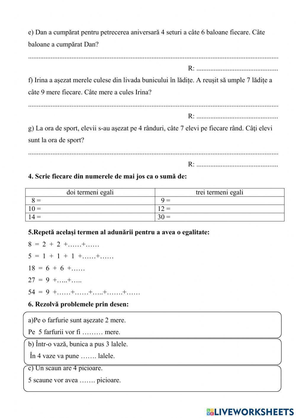 Adunarea repetata de termeni egali online activity | Live Worksheets