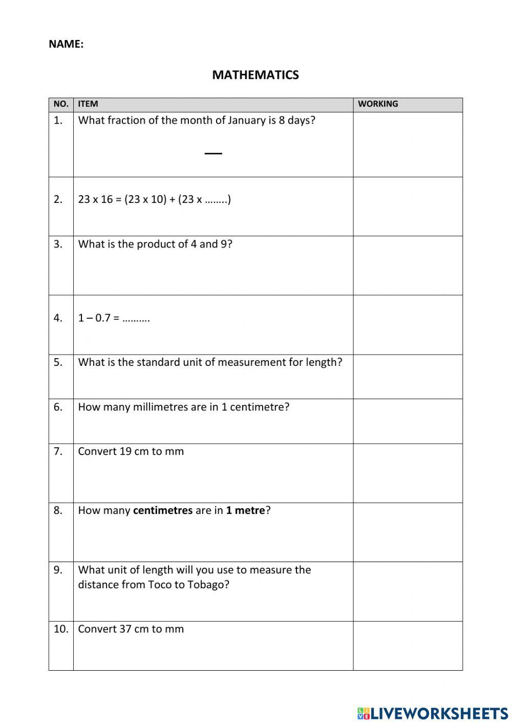 Mathematics - | Marsha Letren | Live Worksheets