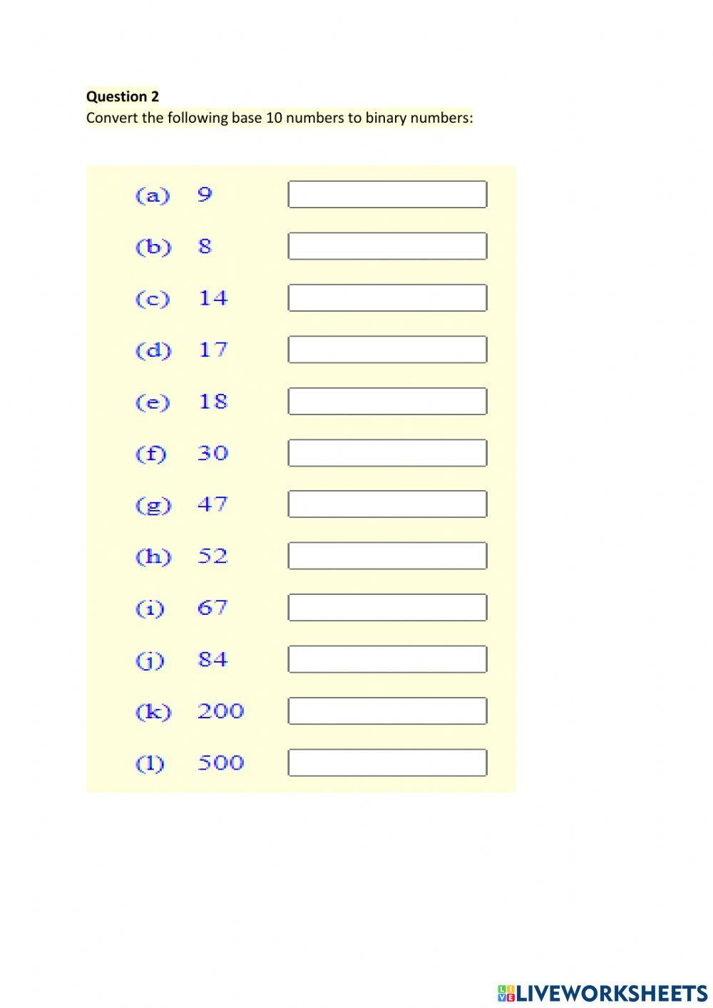 Unit 1 Section 1 : Binary Numbers 2 worksheet | Live Worksheets