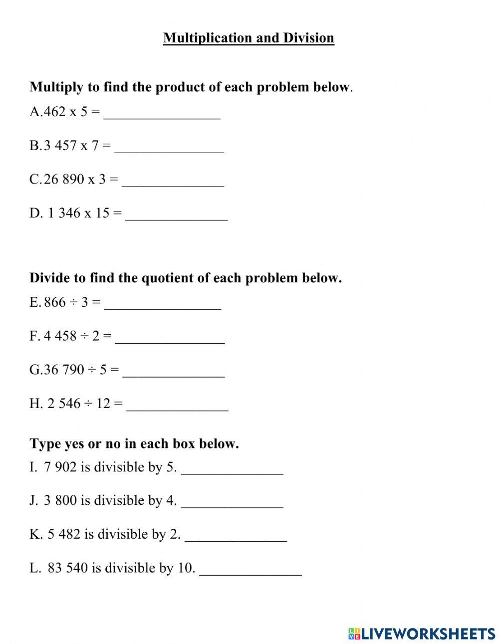 Multiplication and Division Review 1796016 | DeShan
