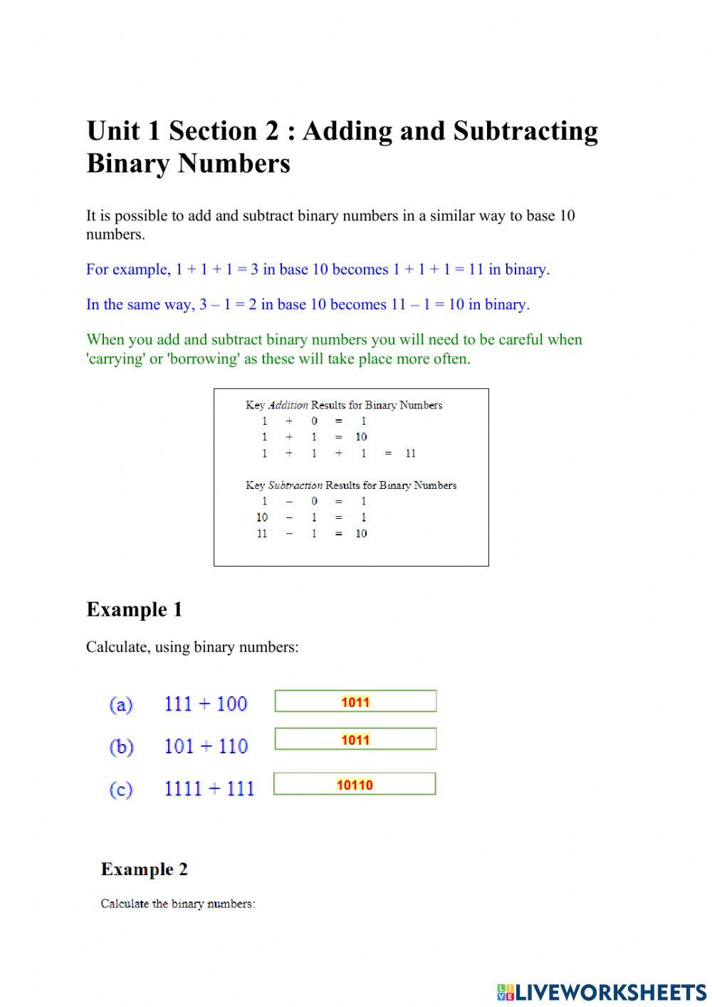binary numbers subtraction