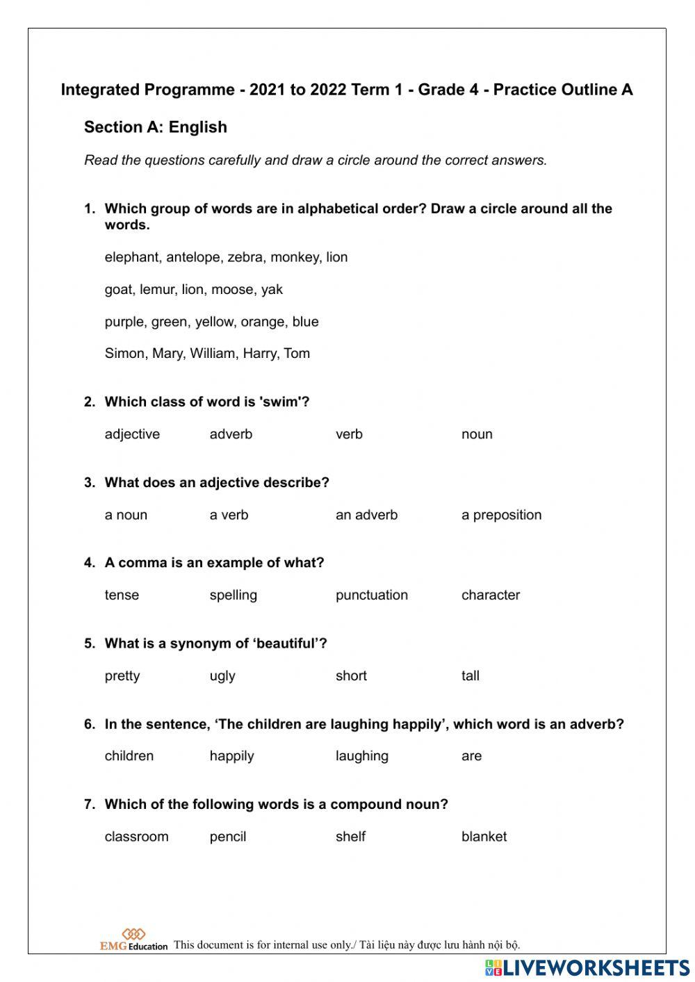 EMG PRACTICE TEASTA - GRADE 4 online exercise for | Live Worksheets