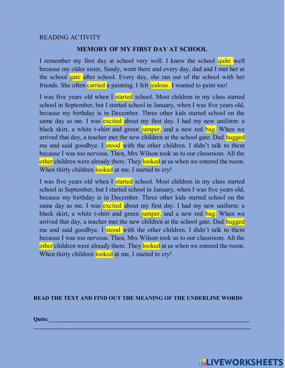 Reading Activity online activity for A1 | Live Worksheets