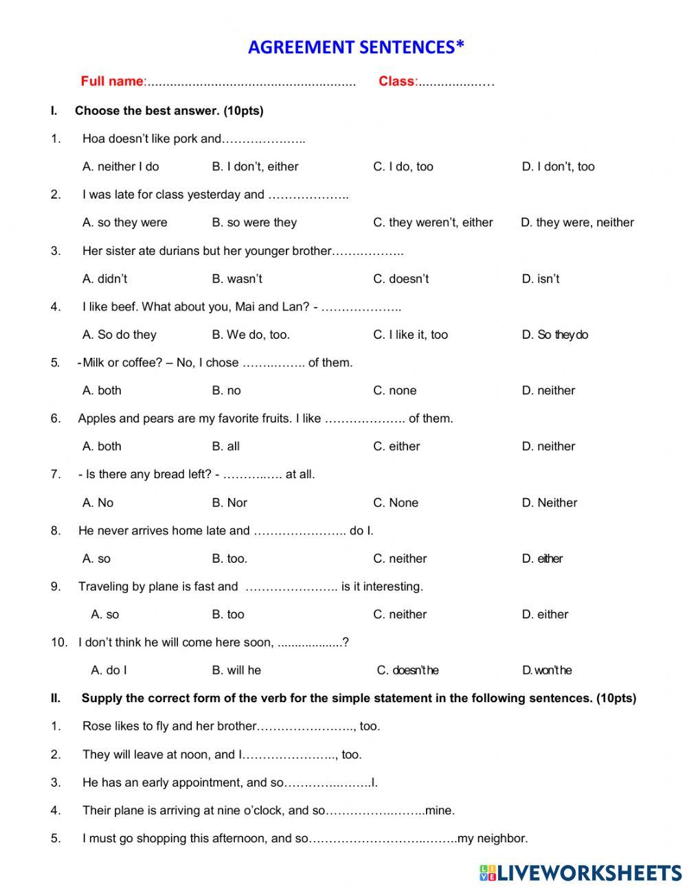 Agreement sentence - Ms Phuong worksheet | Live Worksheets