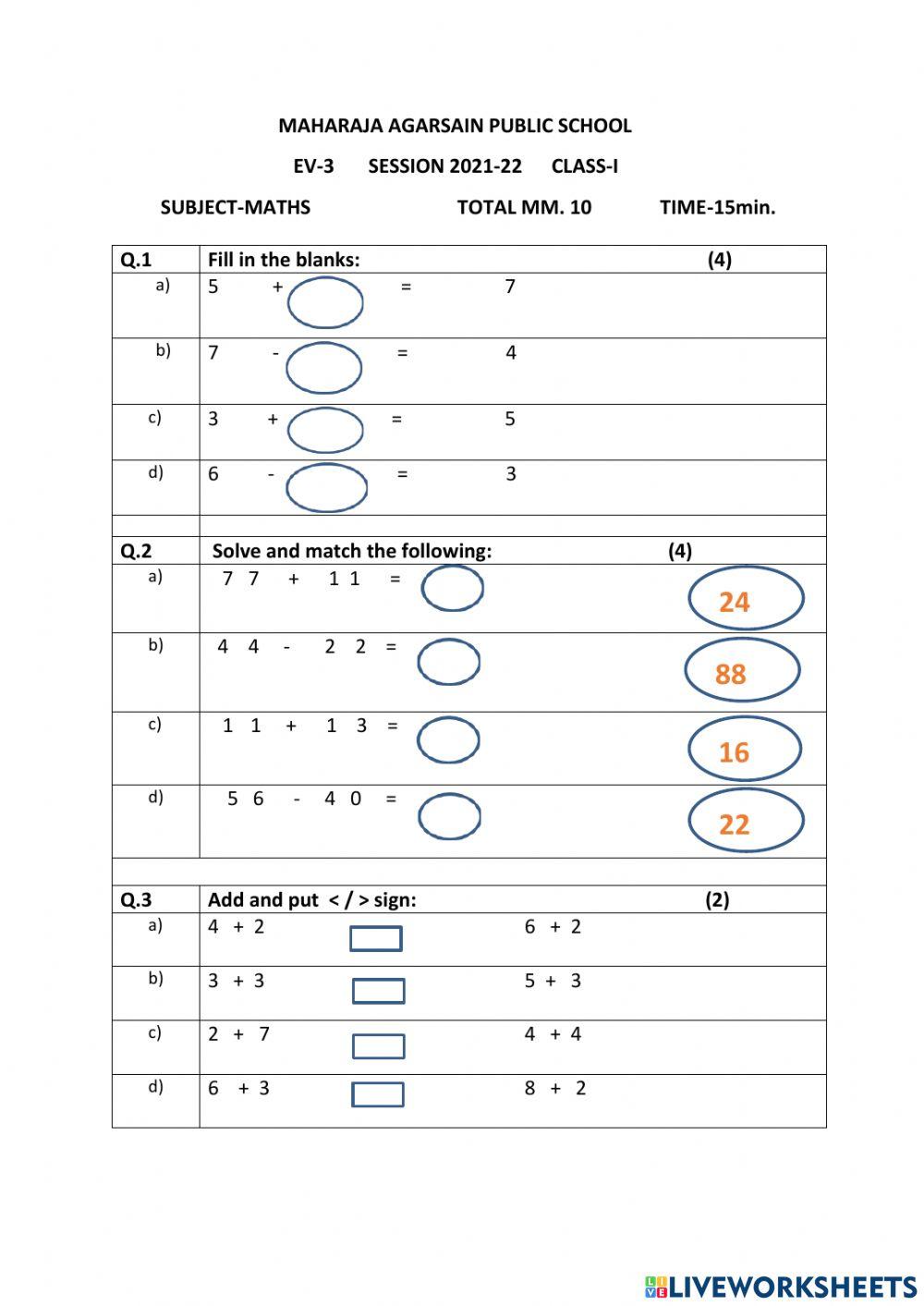 MAHARAJA AGARSAIN PUBLIC SCHOOL online exercise for | Live Worksheets