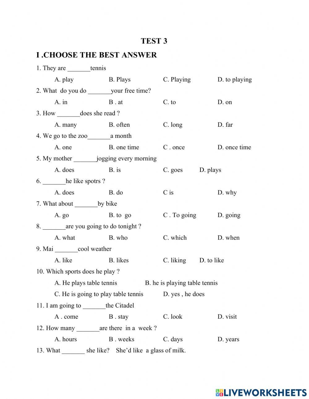 Test 3 online exercise for | Live Worksheets