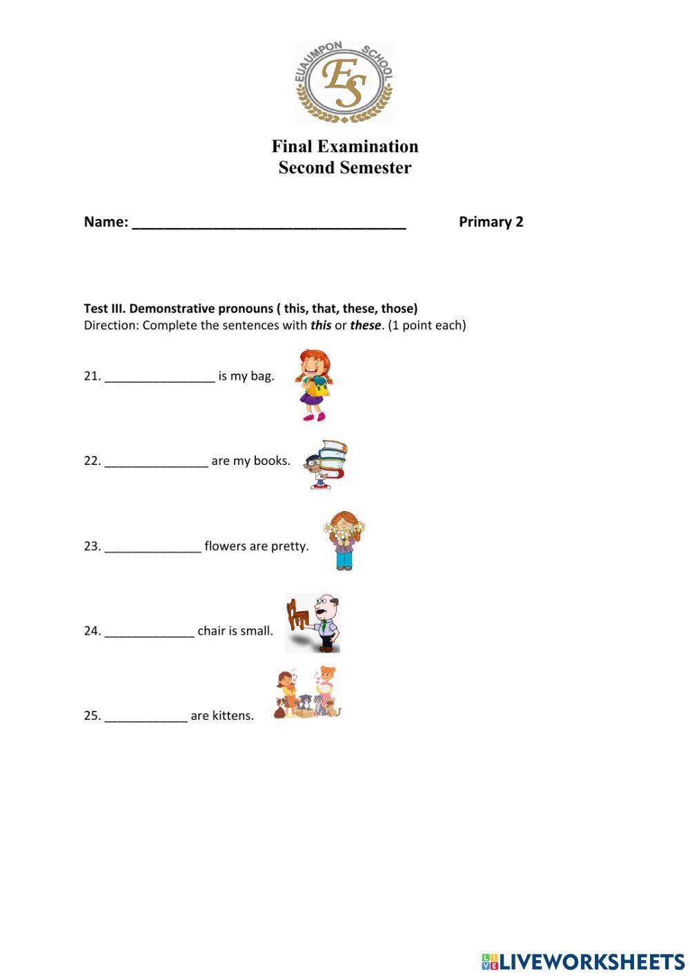 Primary 2 Final Exam Set 2 online exercise for | Live Worksheets