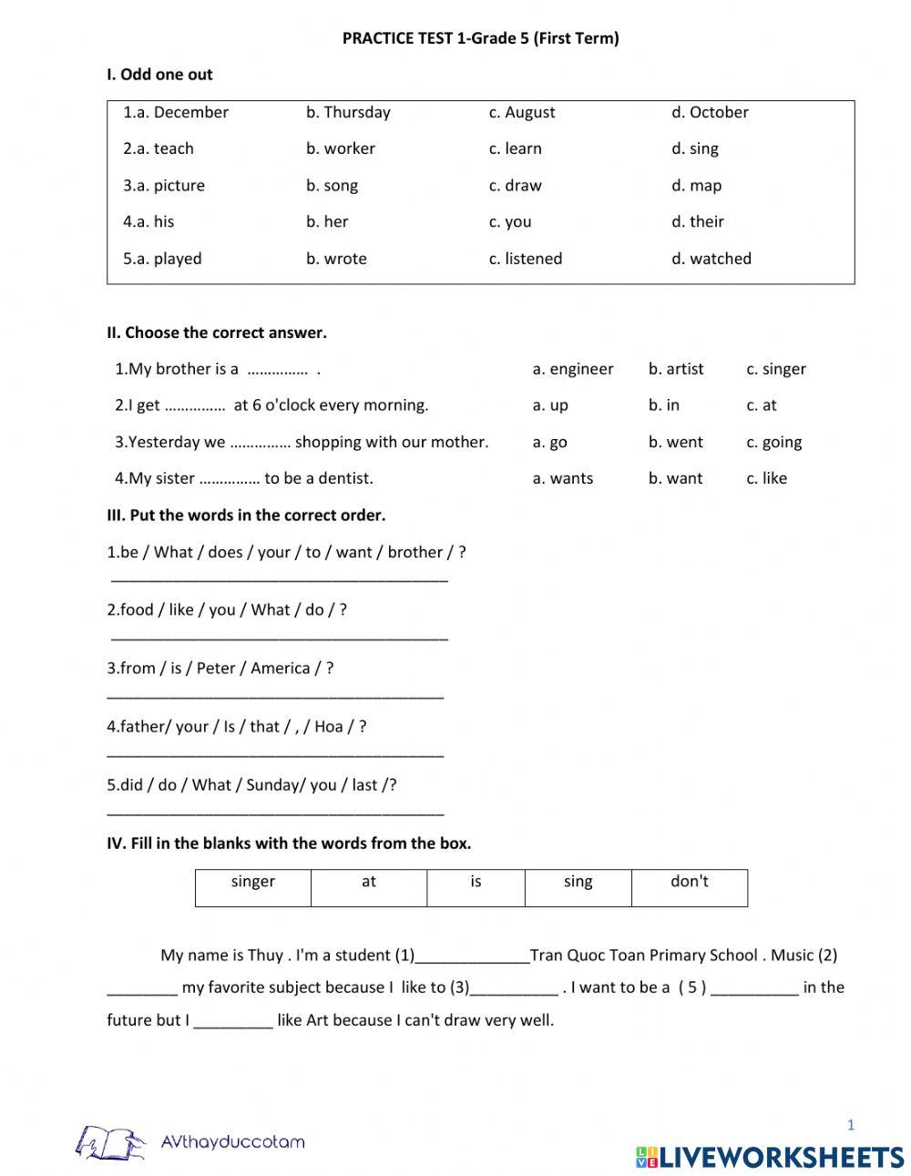 PRACTICE TEST 1-GRADE 5 (FIRST TERM) online exercise for | Live Worksheets
