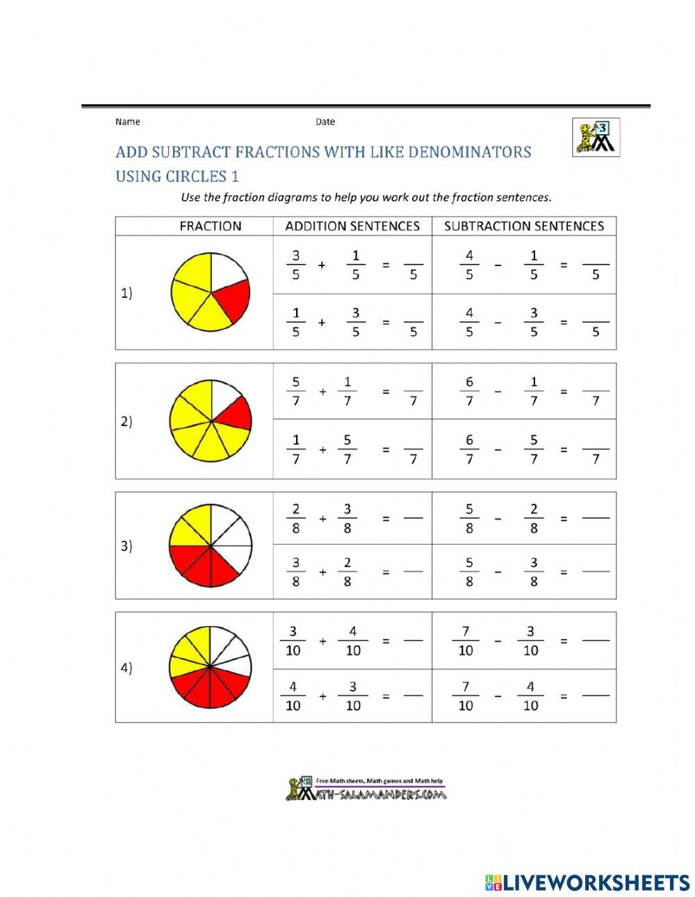 add and subtract like denominators online exercise for | Live Worksheets