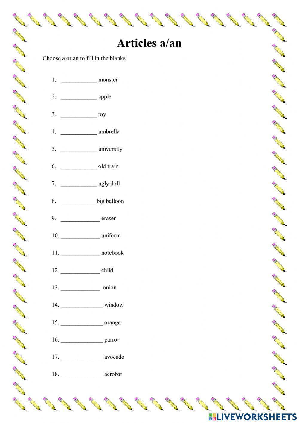 Articles online exercise for Beginner | Live Worksheets