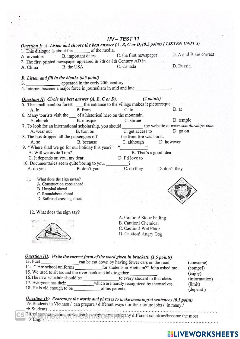 Test 11 interactive exercise | Live Worksheets