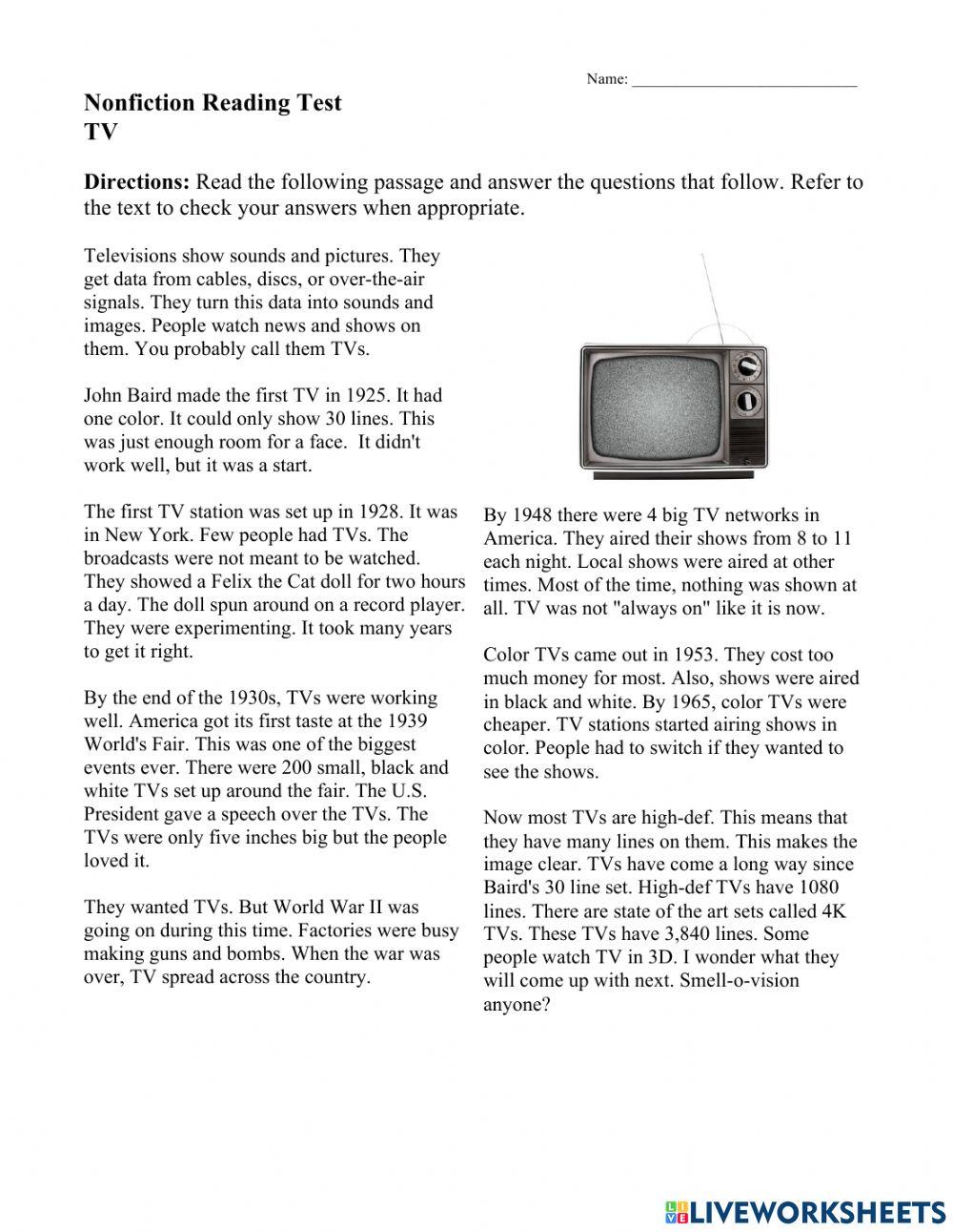 TV Reading | Free Interactive Worksheets | 1799585