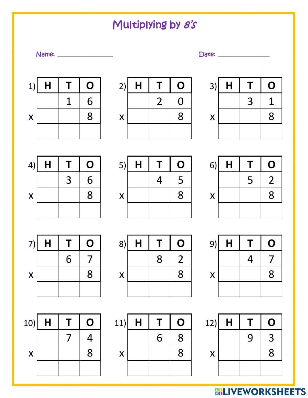 Multiplying by 8's 1608 | ajarnscott | Live Worksheets