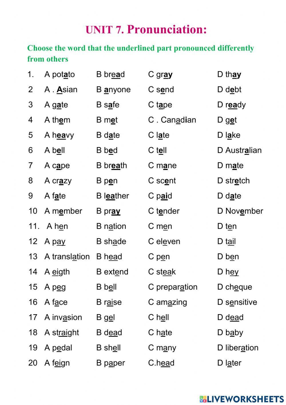 U7 interactive worksheet for 7 | Live Worksheets