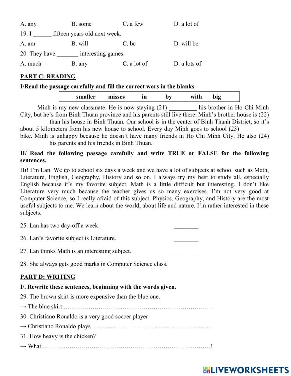 Grade 7 - final term 1 - test 6 worksheet | Live Worksheets