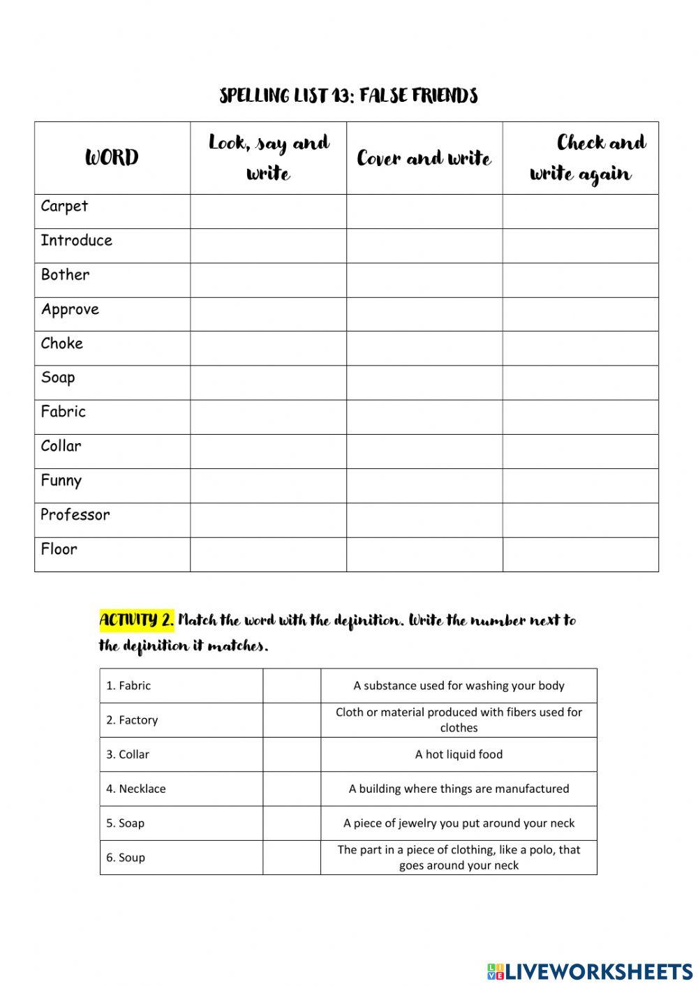 Spelling list 13 interactive worksheet | Live Worksheets
