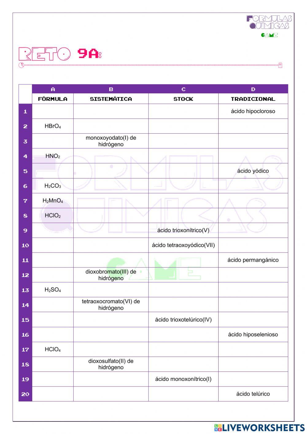 Formulas químicas GAME. RETO 9A worksheet | Live Worksheets