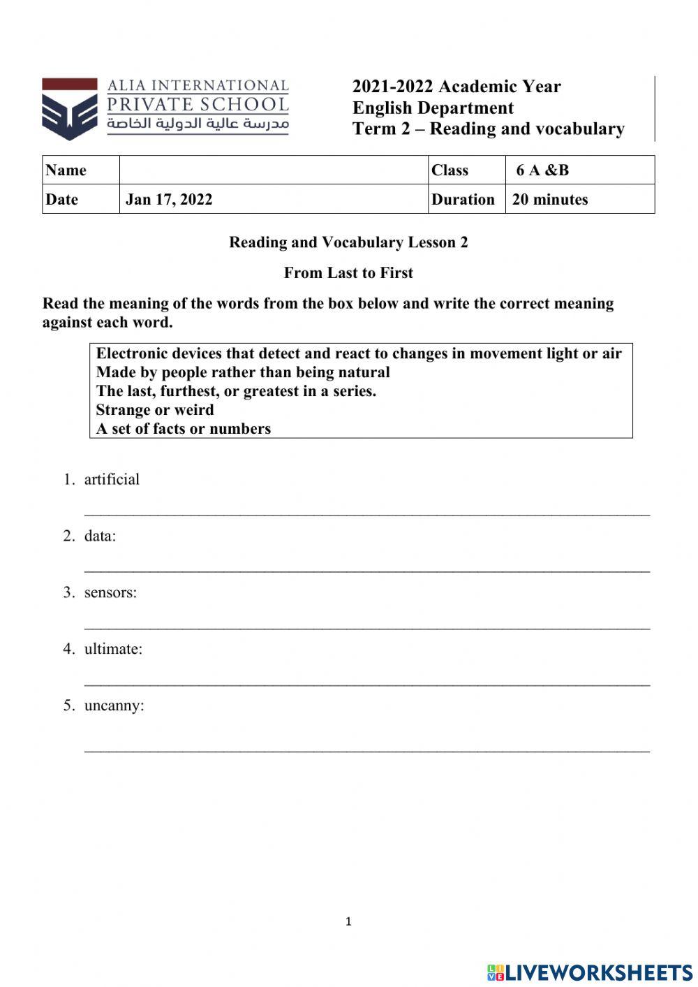 G6 Reading - Vocabs wk 3-4 online exercise for | Live Worksheets