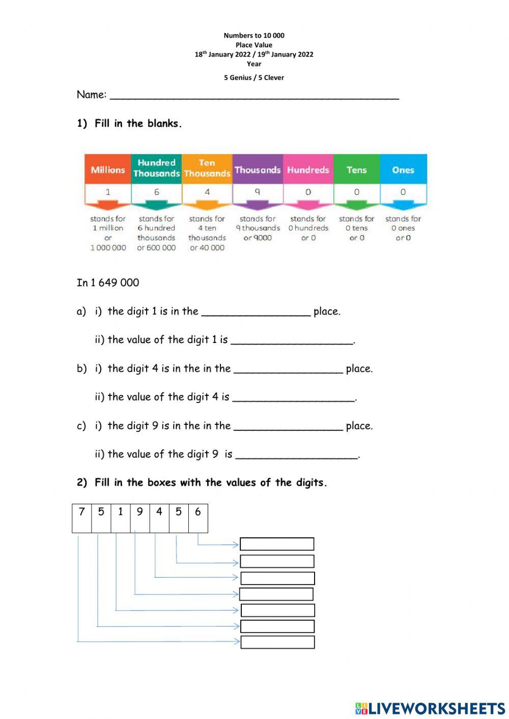 day 7 Place value online exercise for | Live Worksheets