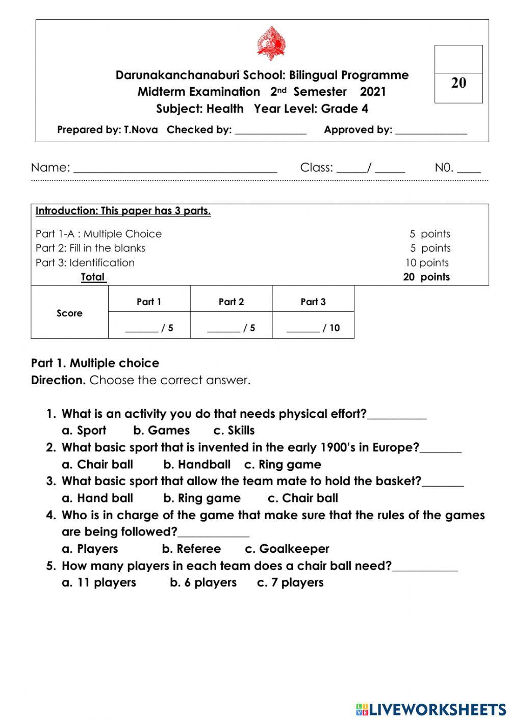 Health midterm grade 4 online exercise for | Live Worksheets