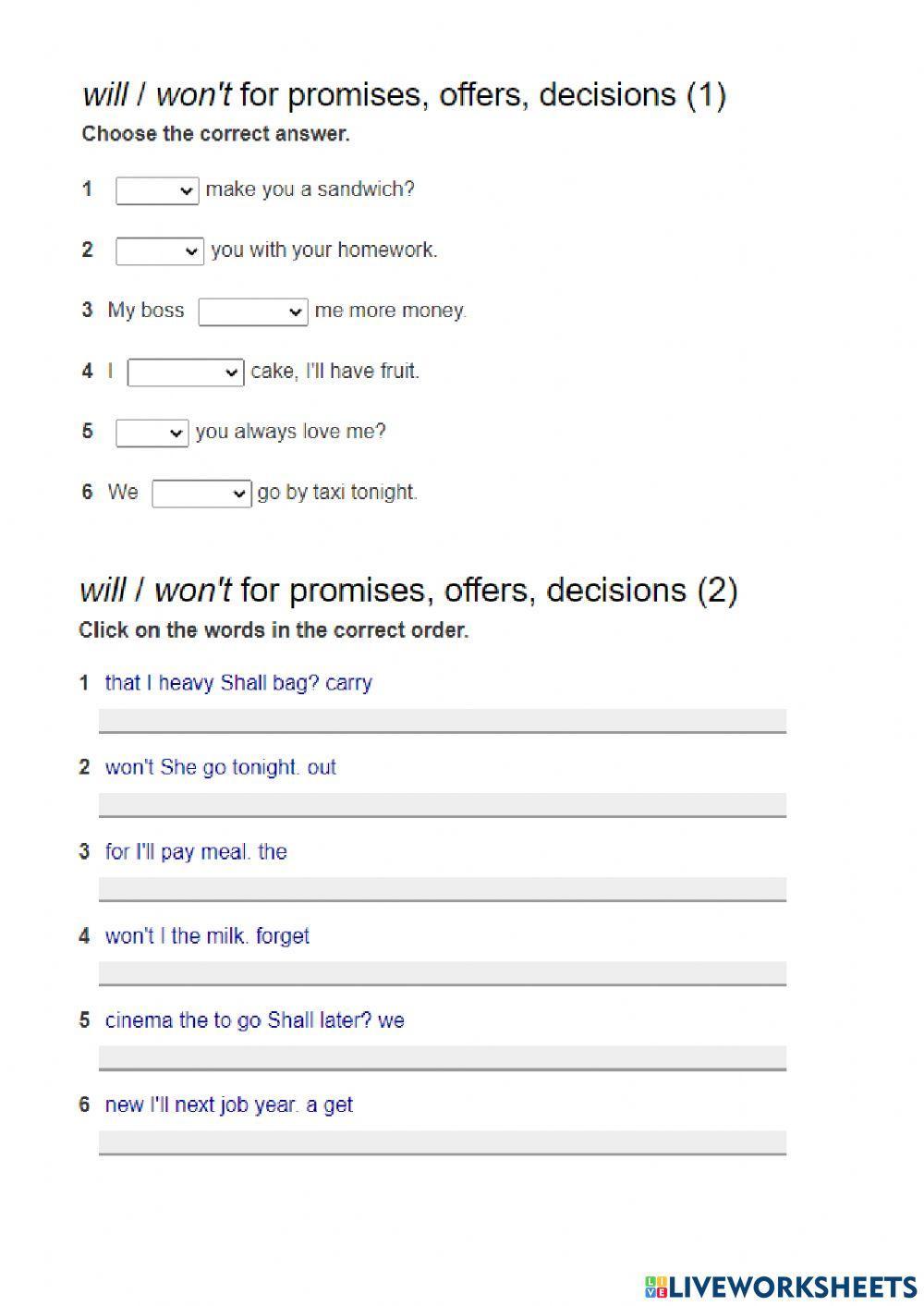 Will won't shall | Free Interactive Worksheets | 1801921