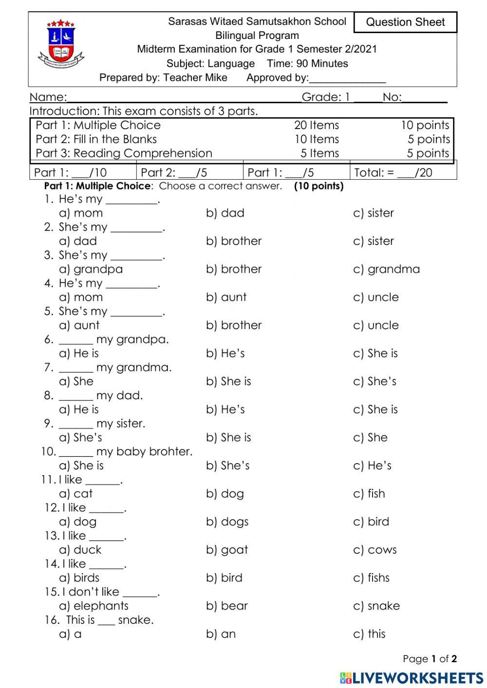 Grade 1 Language Midterm online exercise for | Live Worksheets