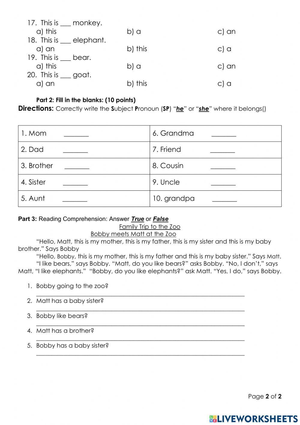 Grade 1 Language Midterm online exercise for | Live Worksheets