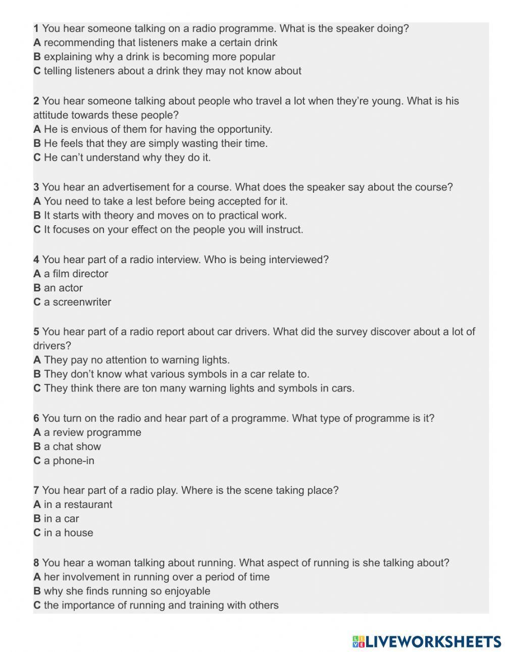 FCE test 7 part 1 worksheet | Live Worksheets