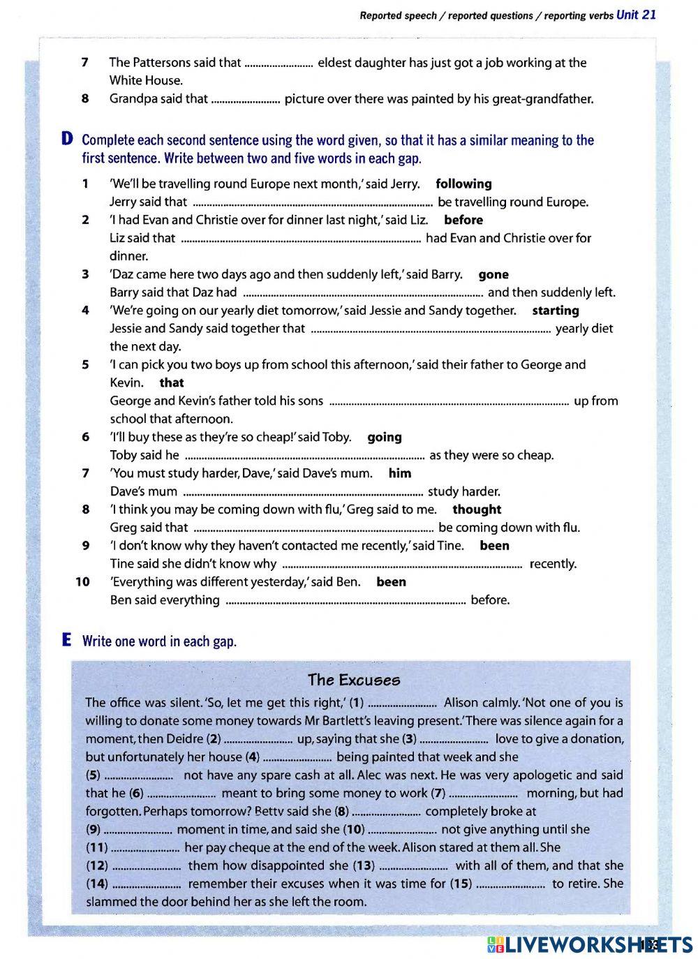 Reported speech-year 12 | TatyanaKi | Live Worksheets