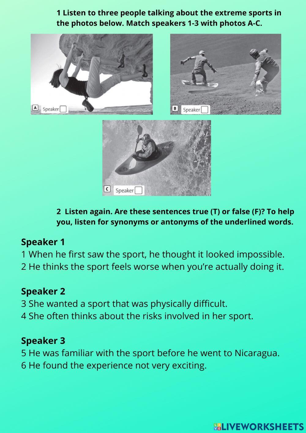 Extreme sports online pdf worksheet | Live Worksheets