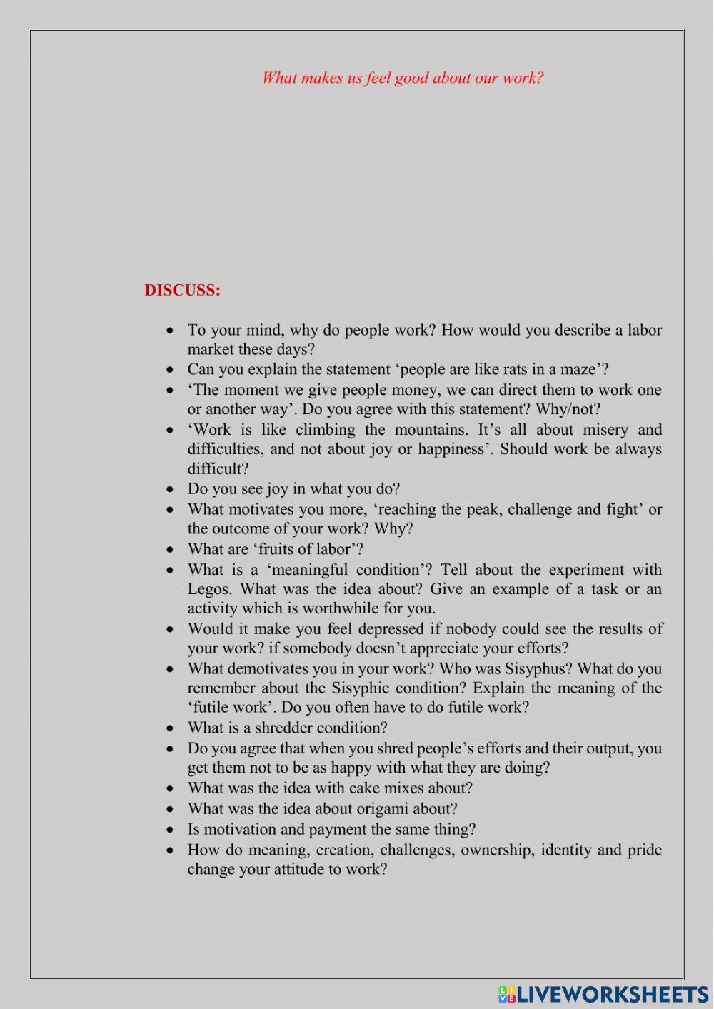 What makes us feel good about work worksheet | Live Worksheets