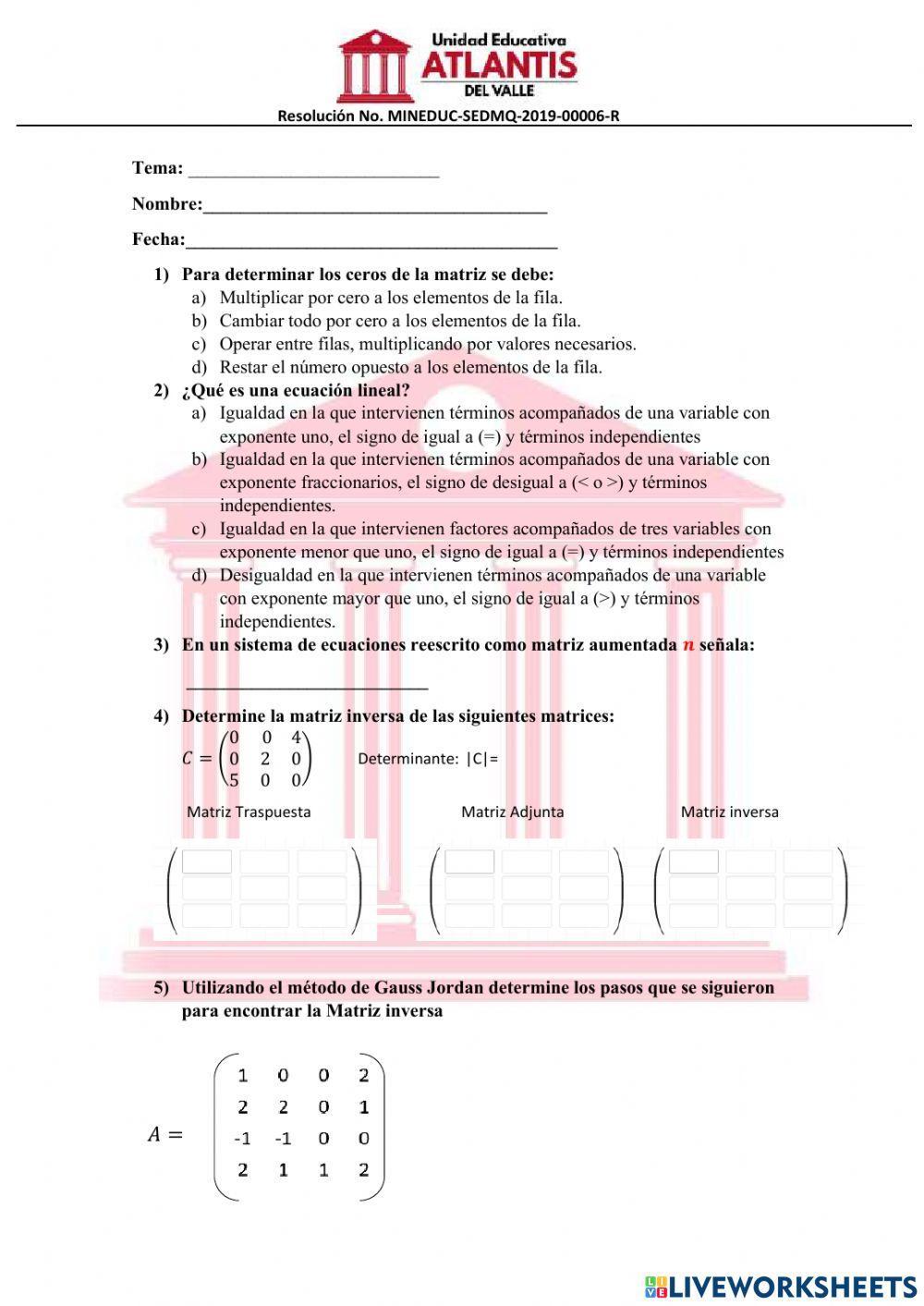 Matrices online activity | Live Worksheets