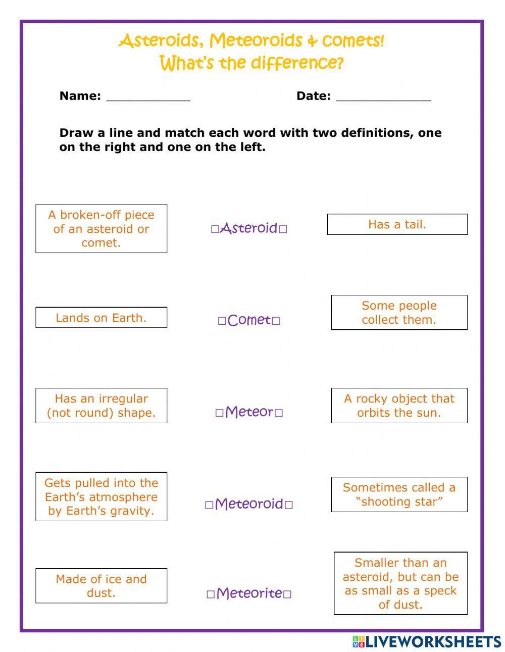 worksheet on asteroids