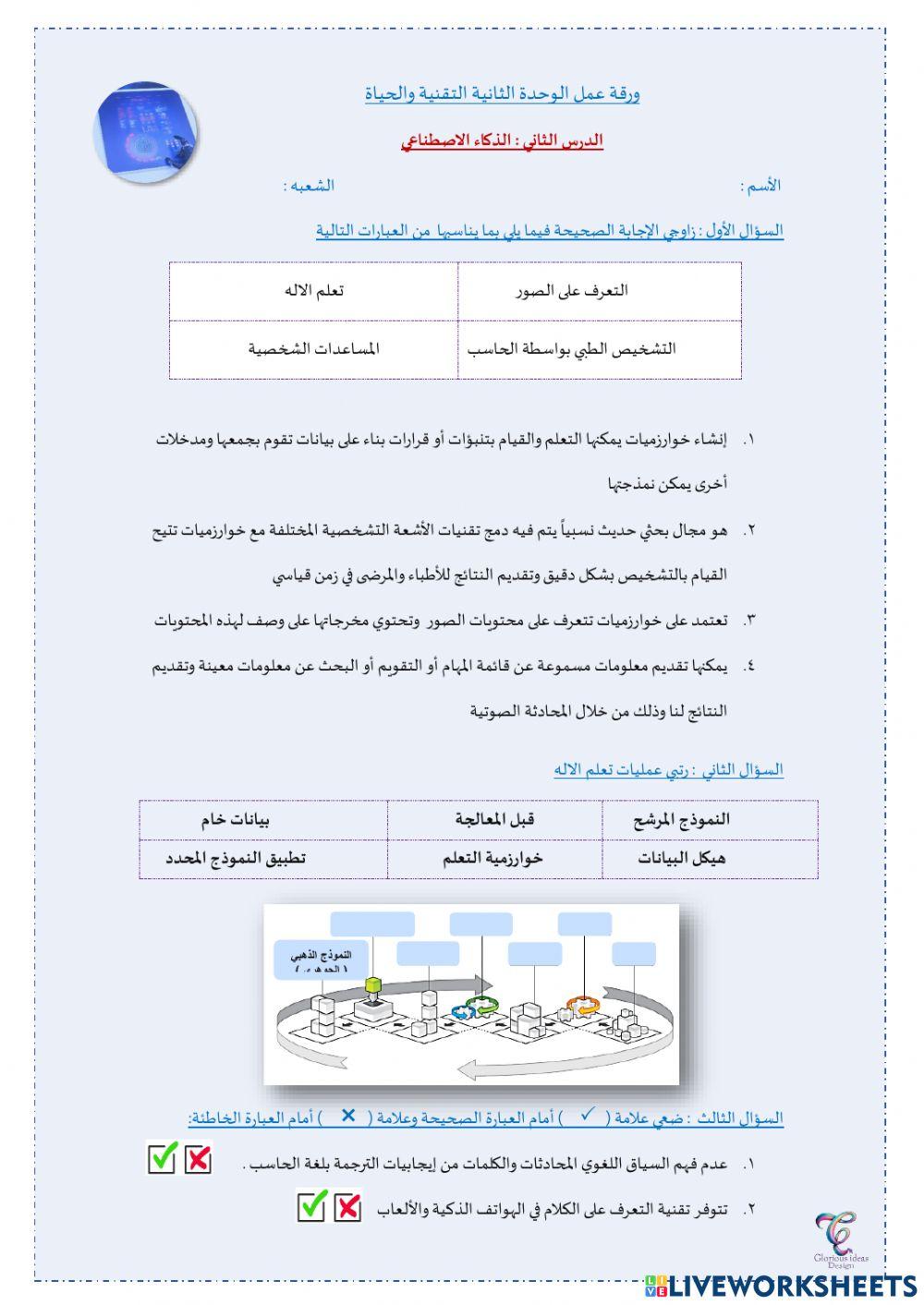 ورقه عمل الذكاء الاصطناعي Online Exercise For Live Worksheets