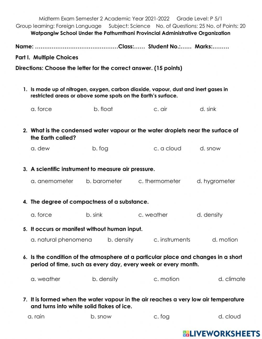 P5-1 science midterm test worksheet | Live Worksheets