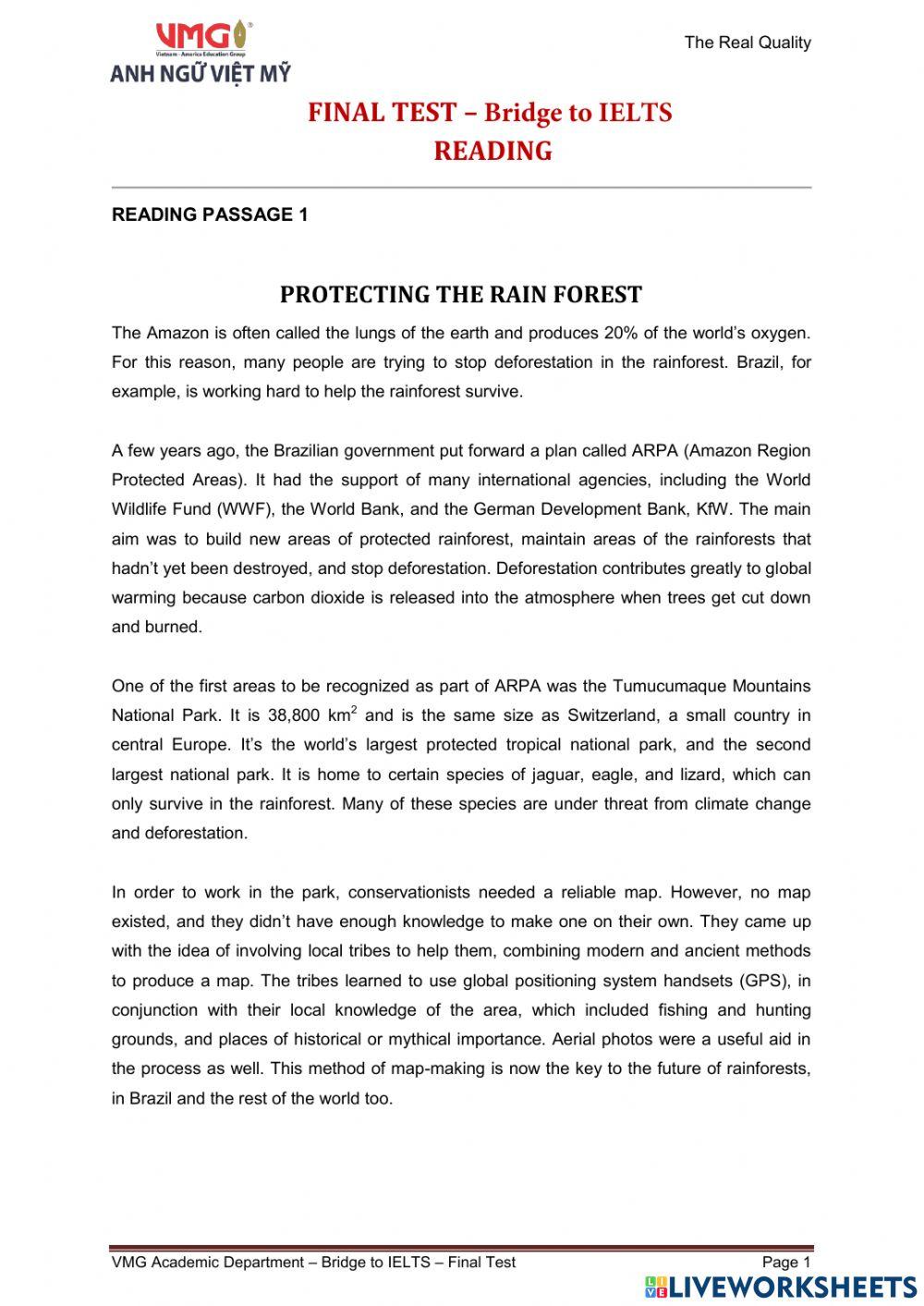BRIDGE TO IELTS - FINAL TEST - READING | vmgieltstb