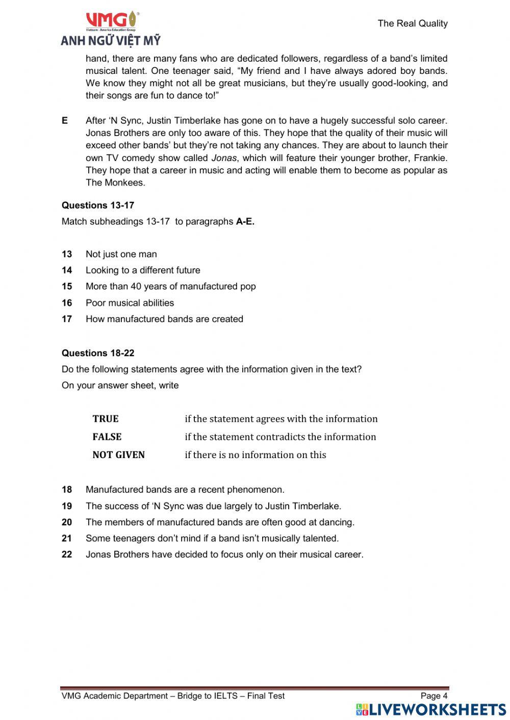 BRIDGE TO IELTS - FINAL TEST - READING | vmgieltstb