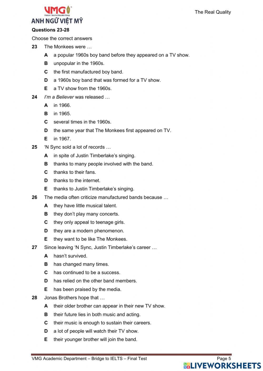 BRIDGE TO IELTS - FINAL TEST - READING | vmgieltstb