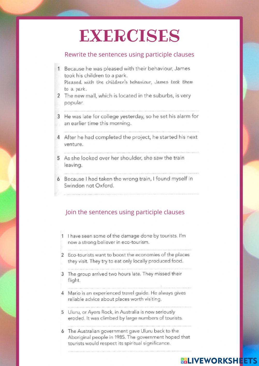 Participle clau… | Free Interactive Worksheets | 1803388