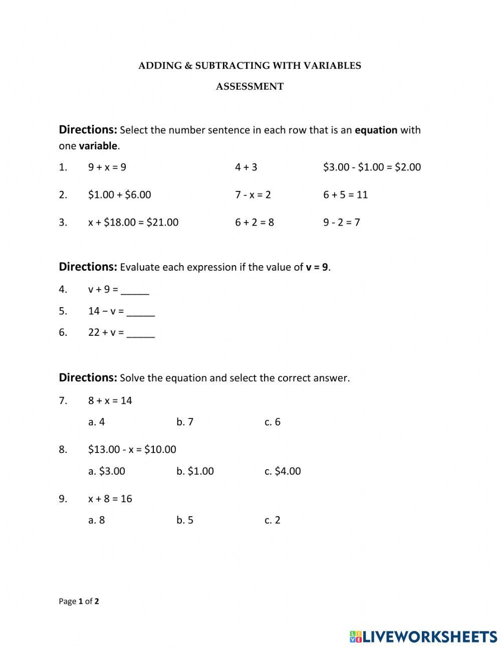 Adding & Subtracting With Variables worksheet | Live Worksheets