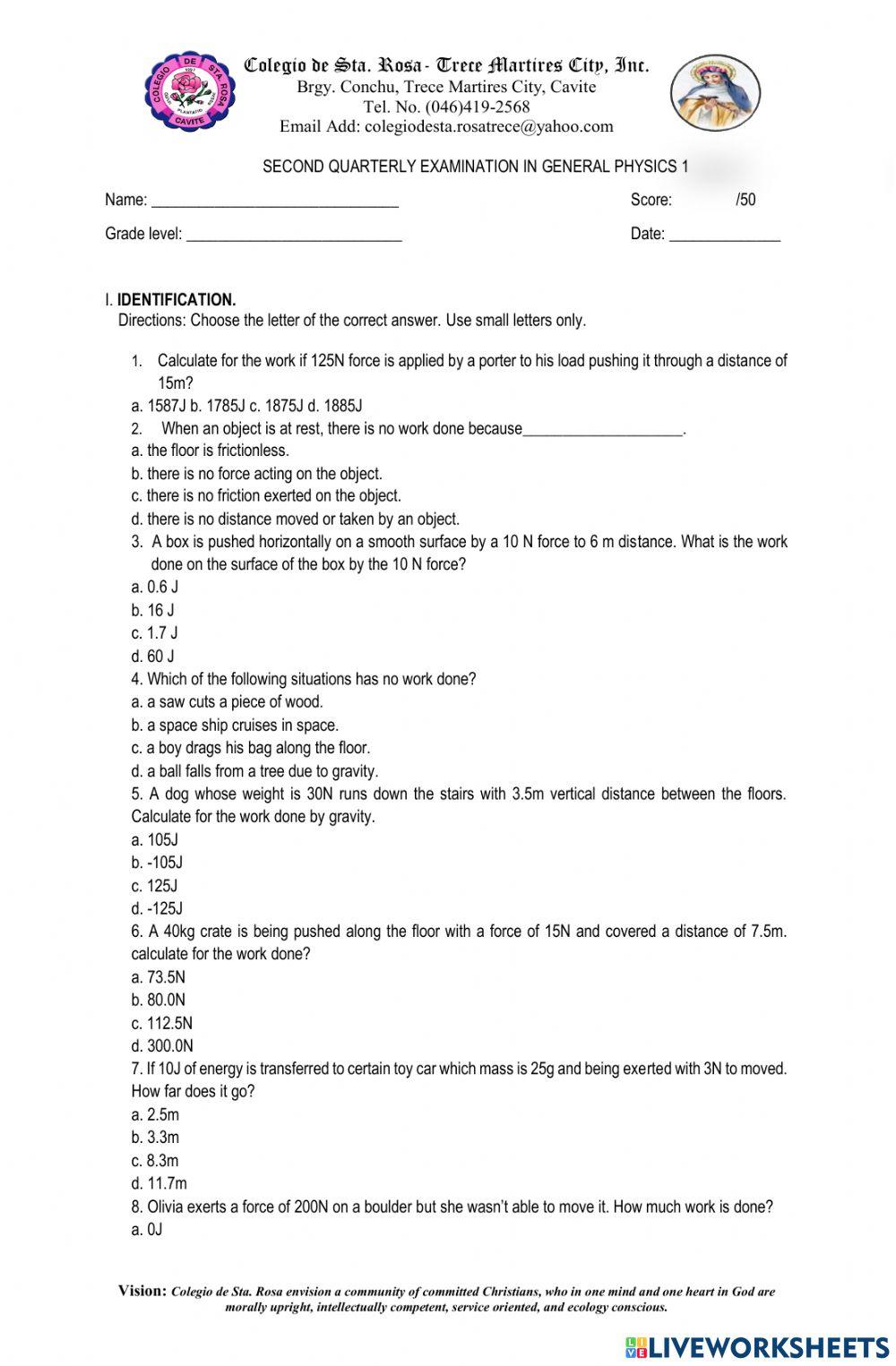 2nd Quarterly test in General Physics 1 worksheet | Live Worksheets