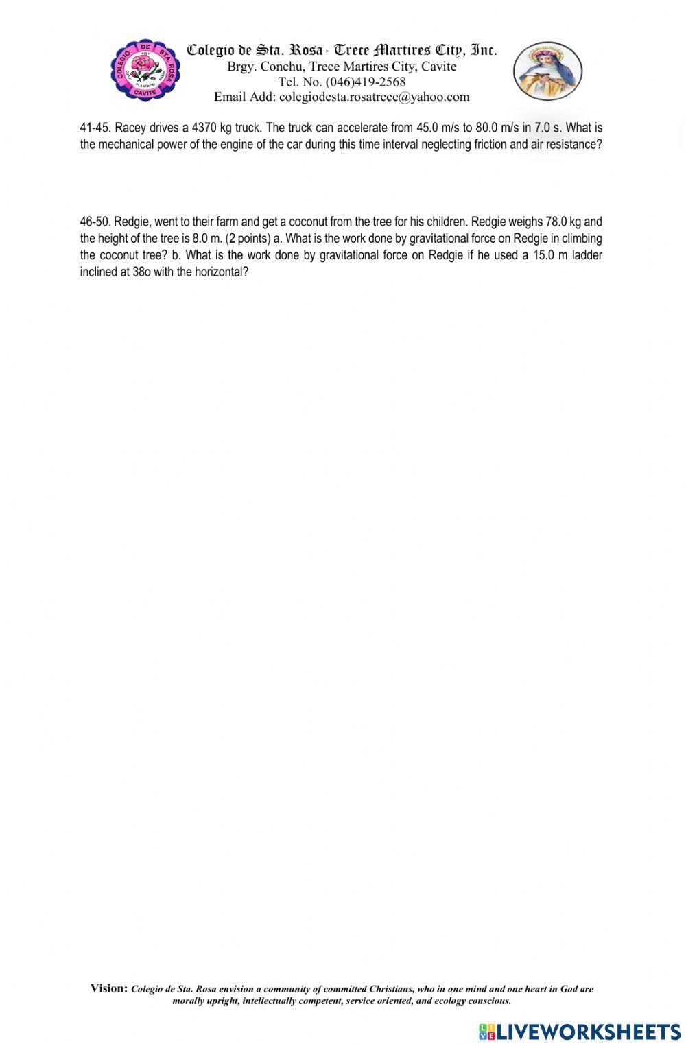 2nd Quarterly test in General Physics 1 worksheet | Live Worksheets