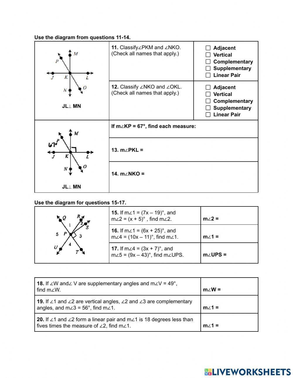 Geometry Quiz 1.4-1.5 worksheet | Live Worksheets