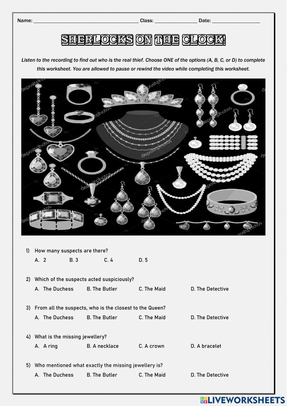 Sherlocks on the Clock: The Stolen Jewel. worksheet | Live Worksheets