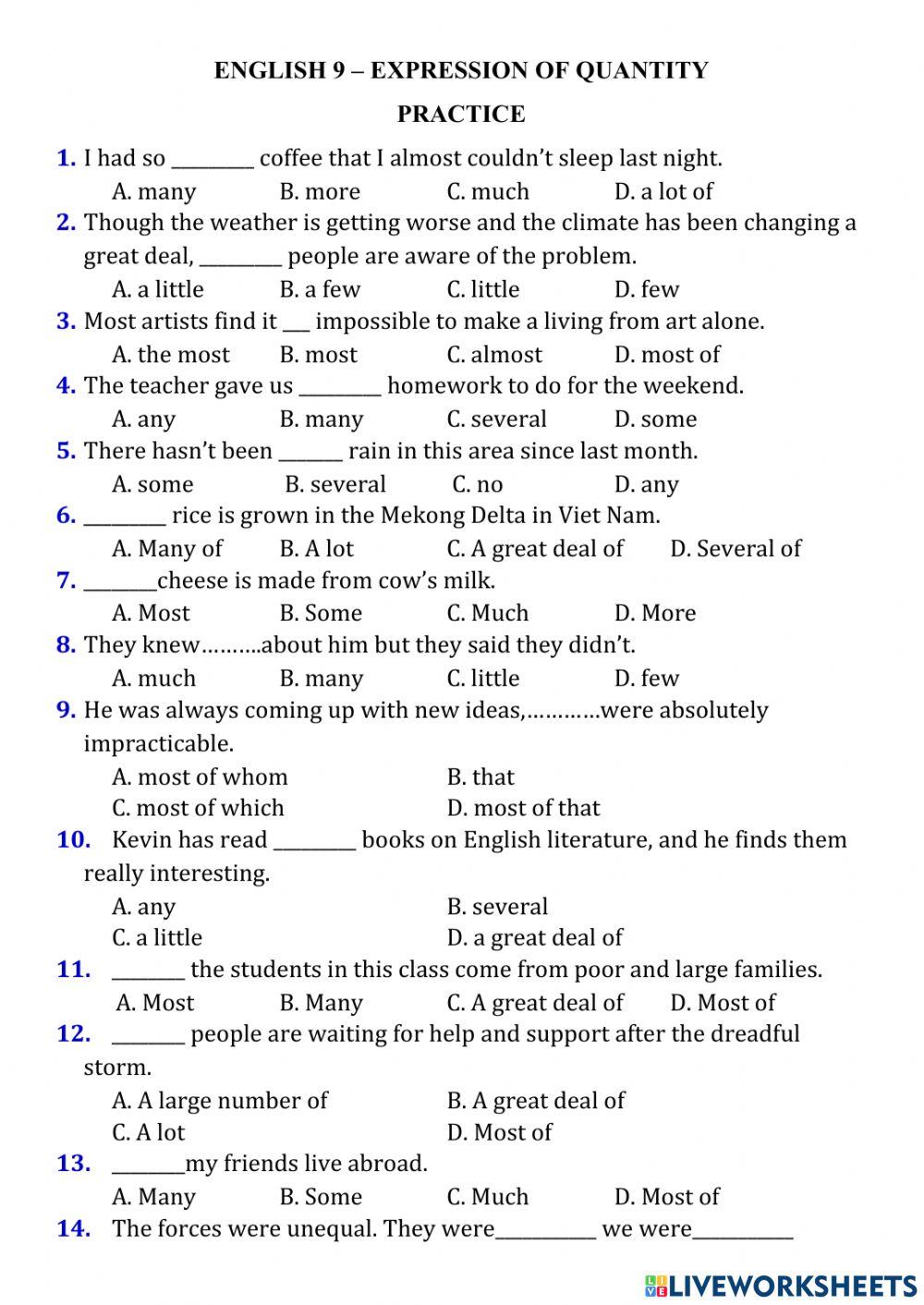 E9 - PRACTICE ON EXPRESSION OF QUANTITIES online exercise for | Live ...
