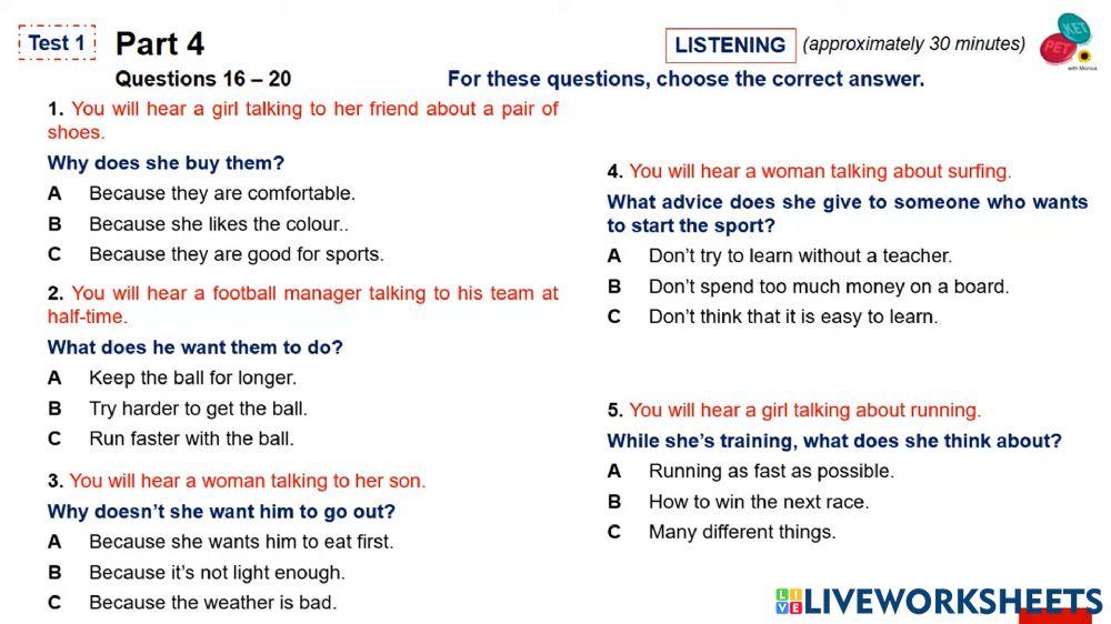 Listening Ket Exercise For 6 Live Worksheets
