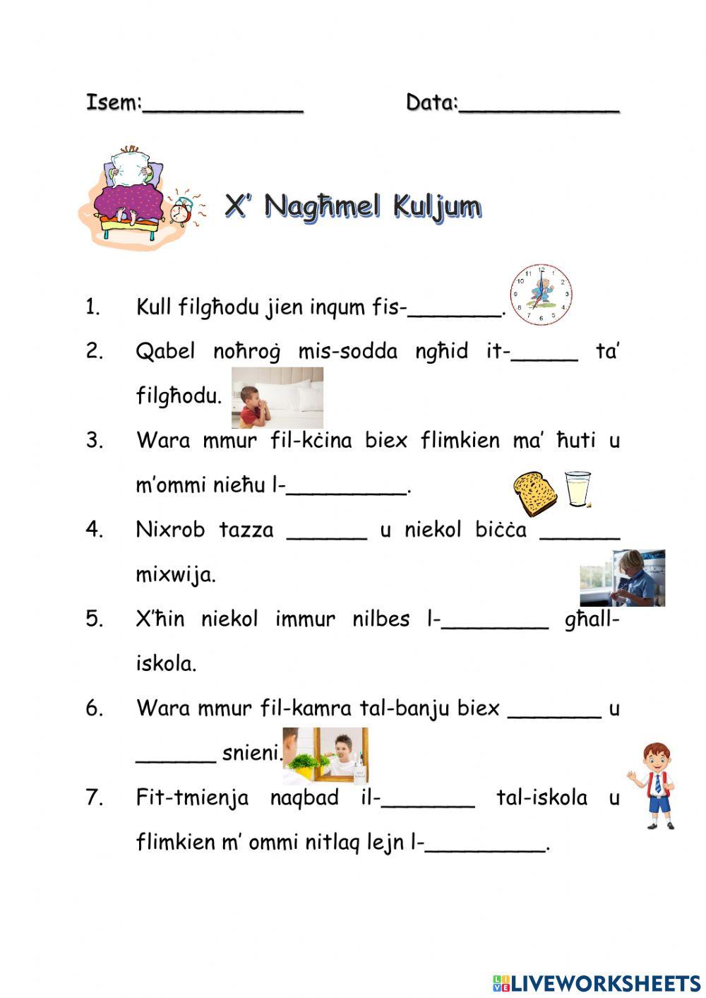 1805151 | X' nagħmel Kuljum | mcre1505 | LiveWorksheets
