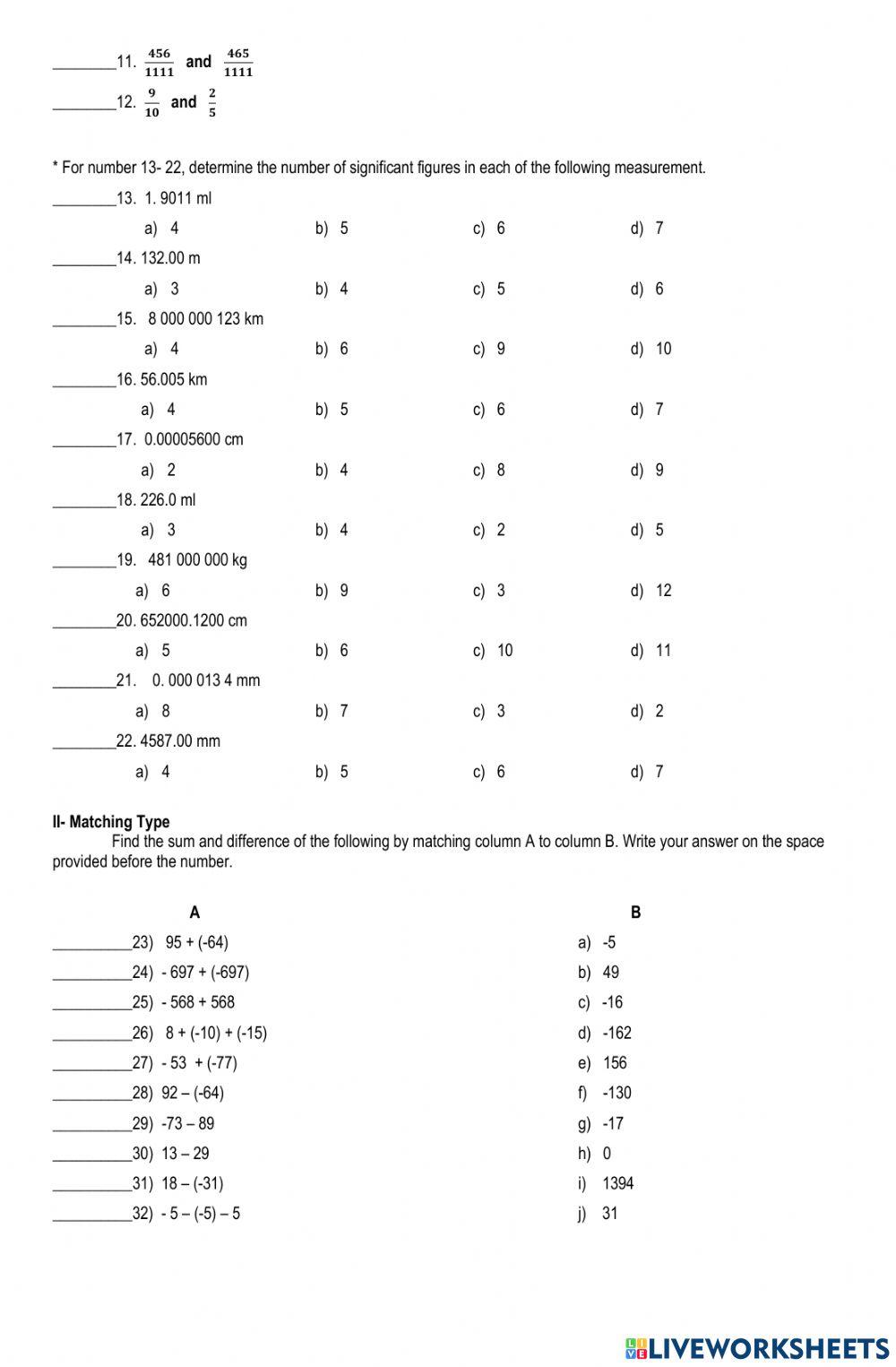 2nd Periodical Test in Math 7 online exercise for | Live Worksheets