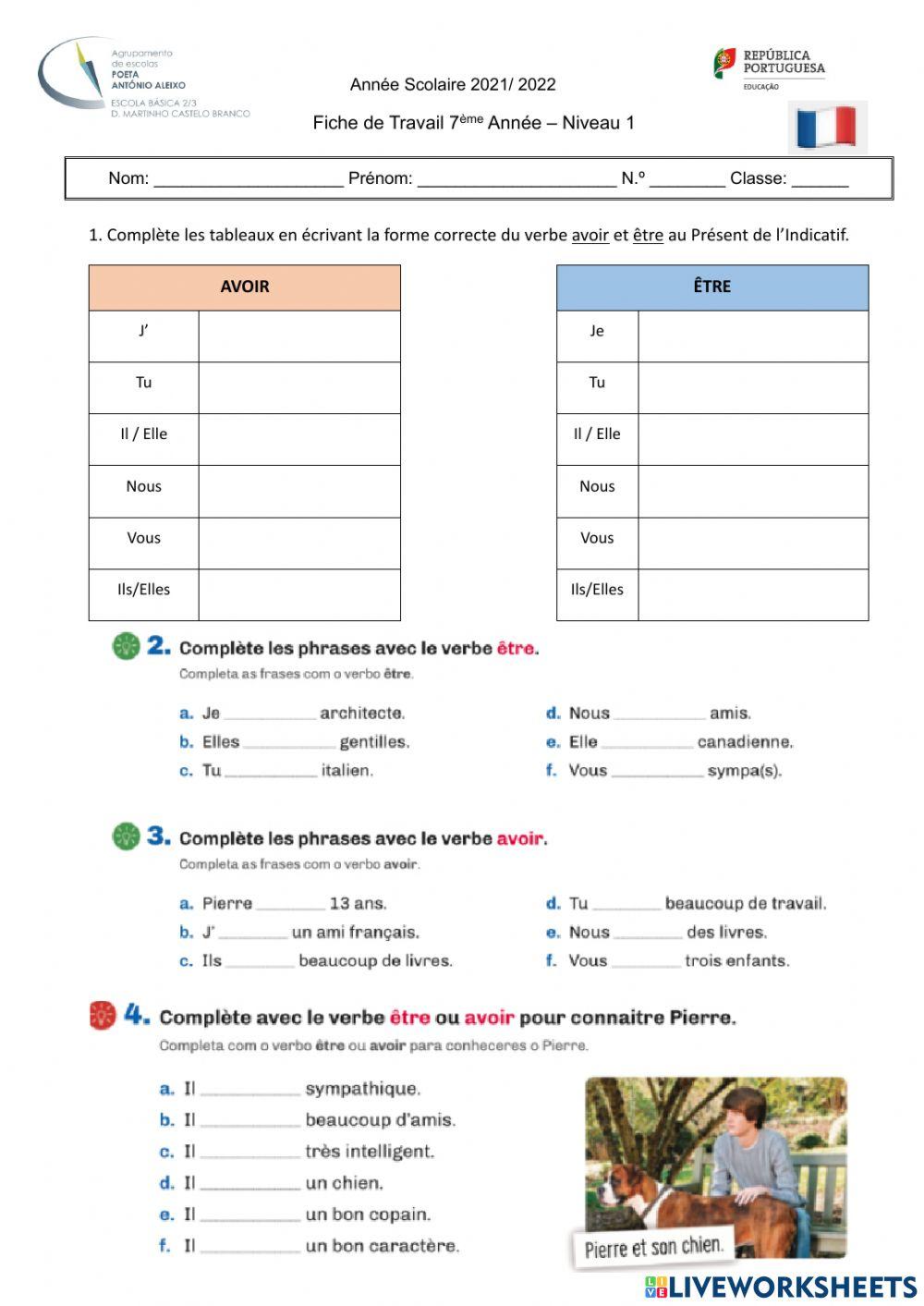 Fiche de Travail- Verbes: Être et Avoir online exercise for | Live ...